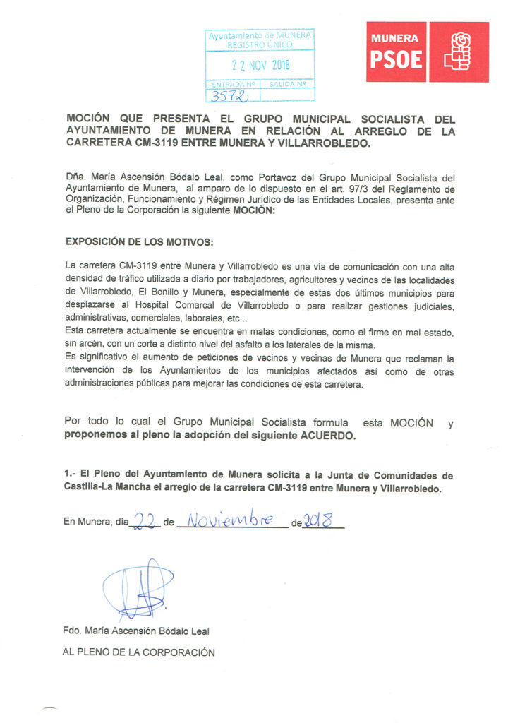 MOCIÓN SOLICITANDO EL ARREGLO DE LA CARRETERA CM-3119 VILLARROBLEDO ...
